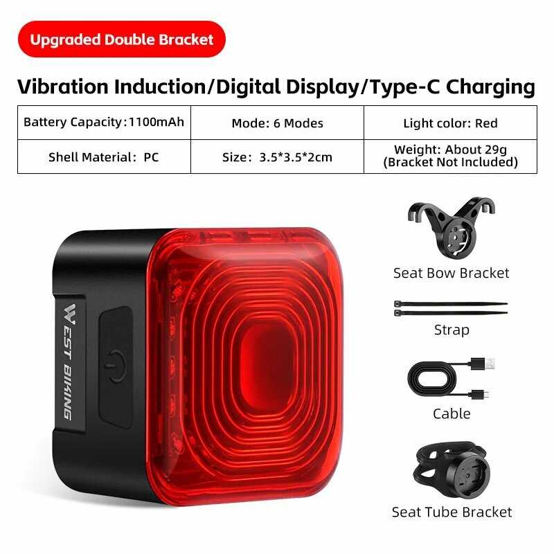 WEST BIKING Интеллектуальный задний фонарь для велосипеда Красный, 1100mAh-Set