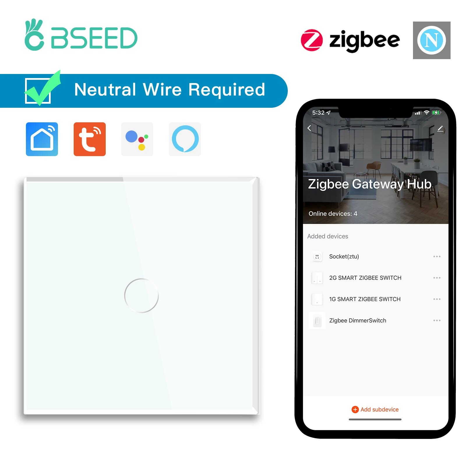 BSEED Умные выключатели BSEED Zigbee 1/2/3 Gang с USB портом, 1Gang Switch, Европейский стандарт