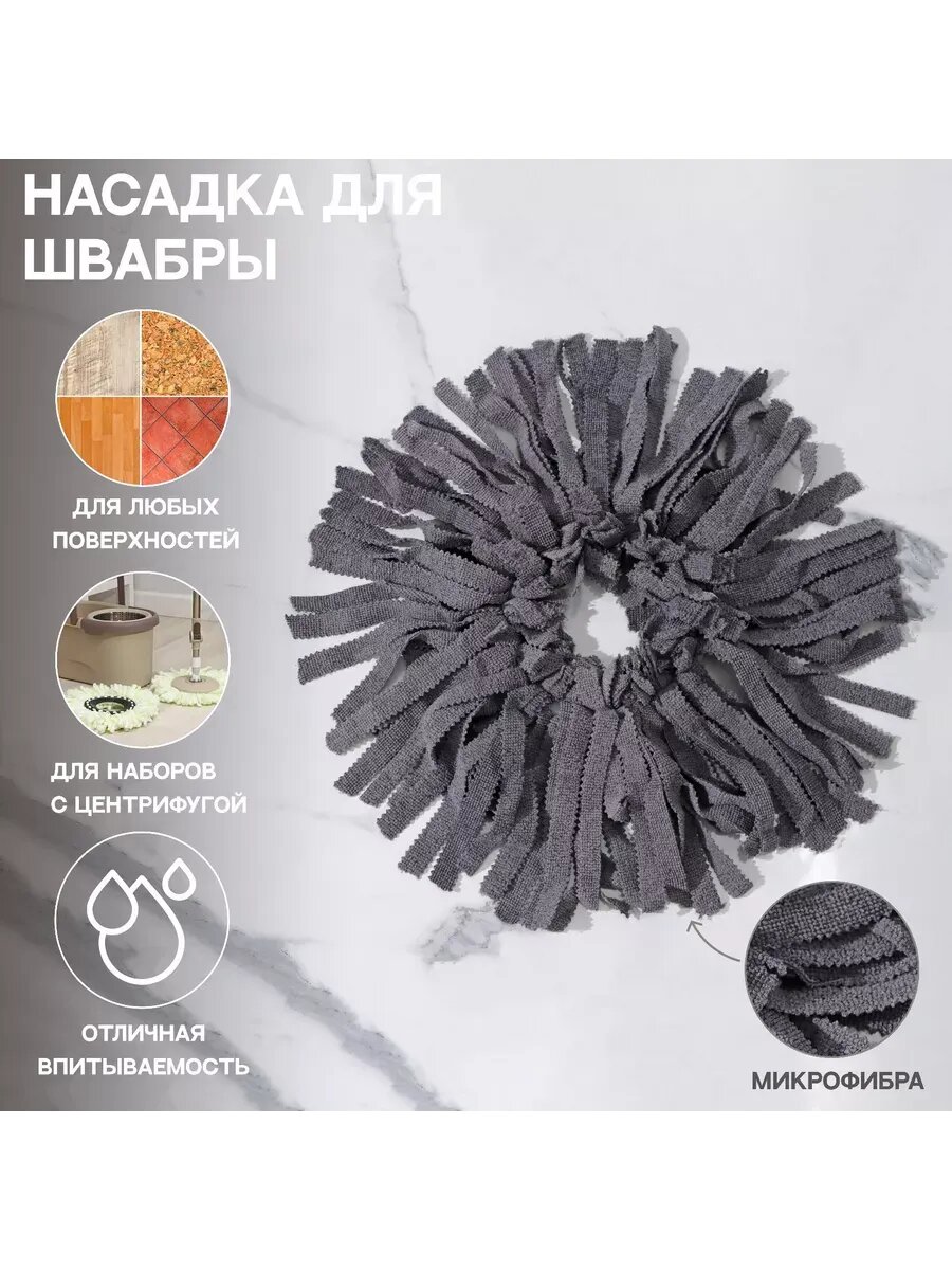 Насадка для швабры (наборы для уборки с центрифугой), кольцо 16 см, микрофибра, цвет серый