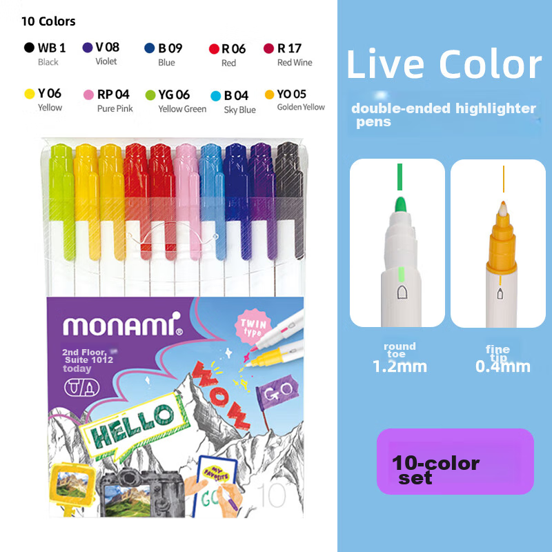 Monami Dual-Tip Fine And Thick Fluorescent Water-Based Markers for Students, Watercolor Pens for Drawing And Outlining, 10-Color Set Live Color 04044Z10