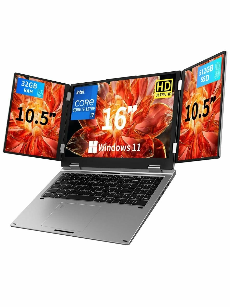 Трехэкранный игровой офисный ноутбук, 16" основной+два 10,5" монитора, Intel Core i5-1245H, 32GB+512GB Windows 11, Wi-Fi