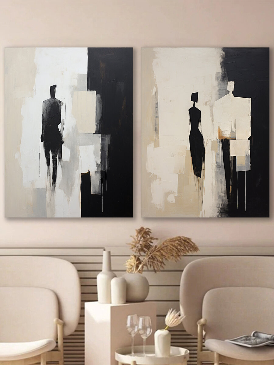 Картина модульная на стену / композиция из 2-х картин, "Силуэты людей, абстракция, пара девушка и мужчина", 70х100 см.