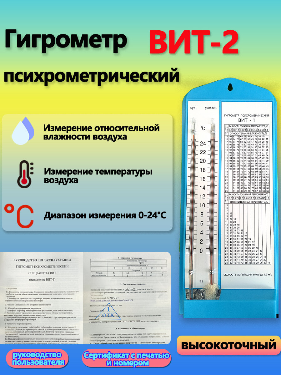 Гигрометр ВИТ-2, психрометрический, для измерения влажности и температуры, поверка на 2 года