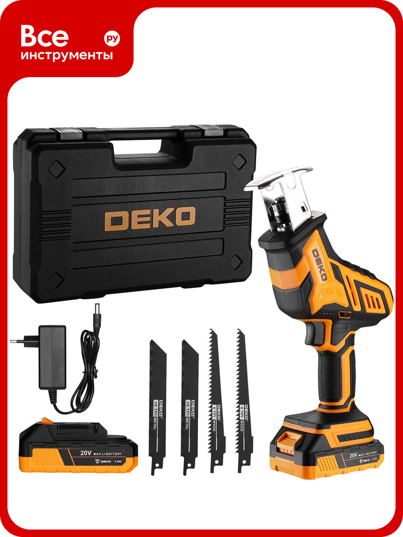 Сабельная пила аккумуляторная DEKO DKRS20-Li-ion в кейсе, 20В, 2x3.0Ач 085-1070, 200 мм, пластиковый