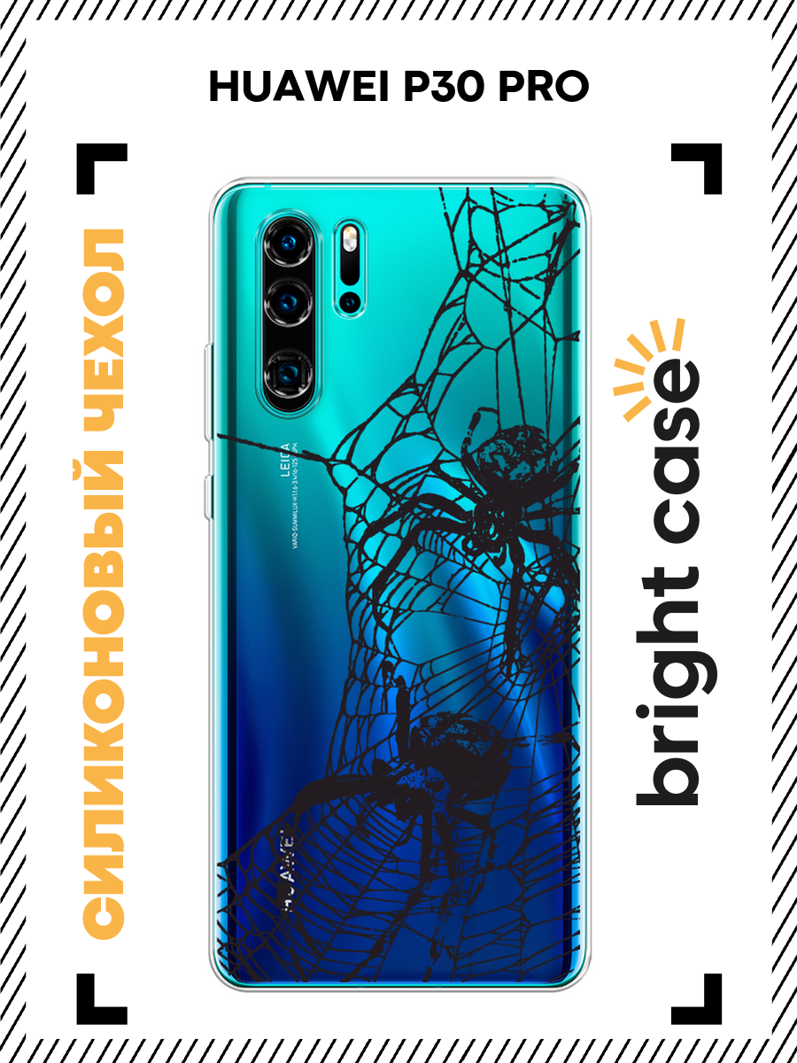 Чехол на Huawei P30 Pro / Хуавей P30 Pro с принтом Черные пауки, прозрачный