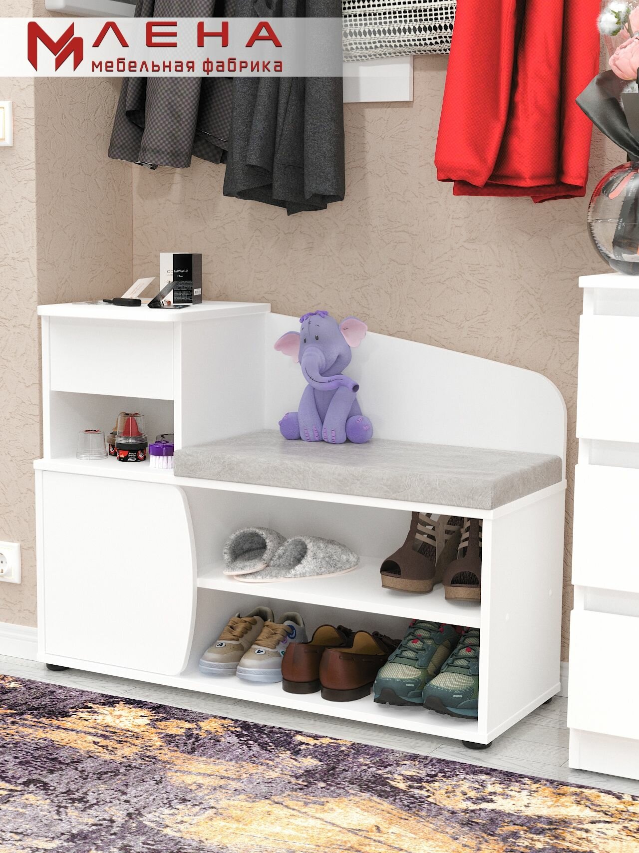 Тумба под обувь Мебельная фабрика Лена №33, напольная, с сиденьем, белая
