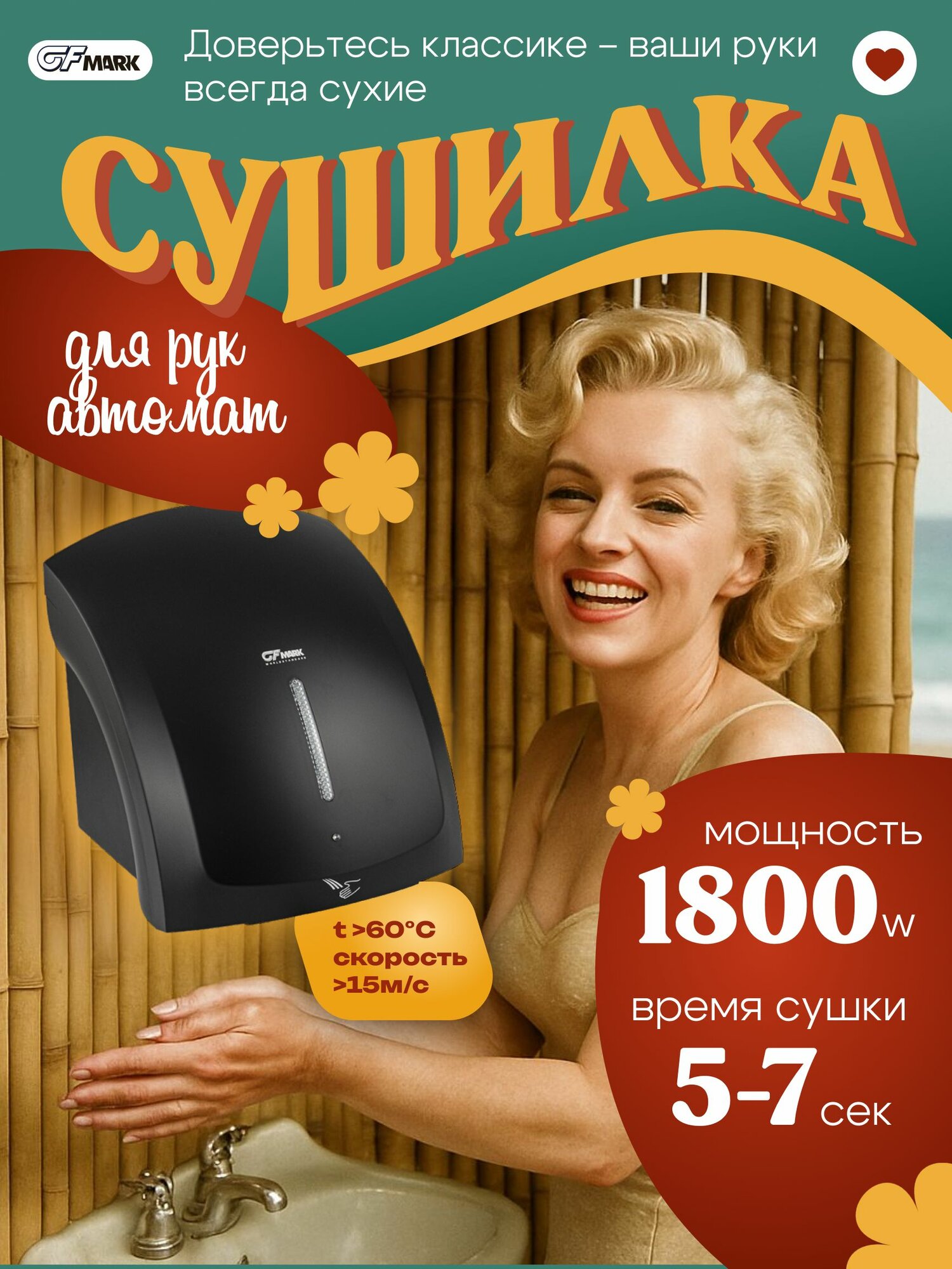 Сушилка для рук GFmark, корпус пластик АБС, с неоновой подсветкой, классика, 1800W, цвет чёрный