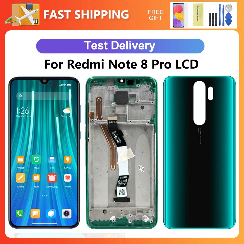 Для Xiaomi Redmi Note 8 Pro протестирован 6,53 дюйма для Redmi Note 8 Pro M1906G7I ЖК-дисплей с цифровым преобразователем сенсорного экрана в сборе, замена Green Frame Cover