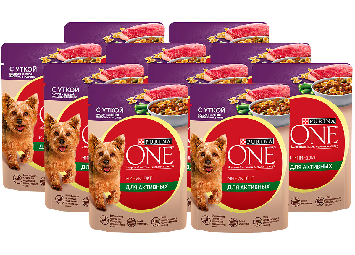 Влажный корм Purina One Мини для взрослых активных собак мелких пород с уткой, пастой и зеленой фасолью в подливе, 85 гр х 10 шт