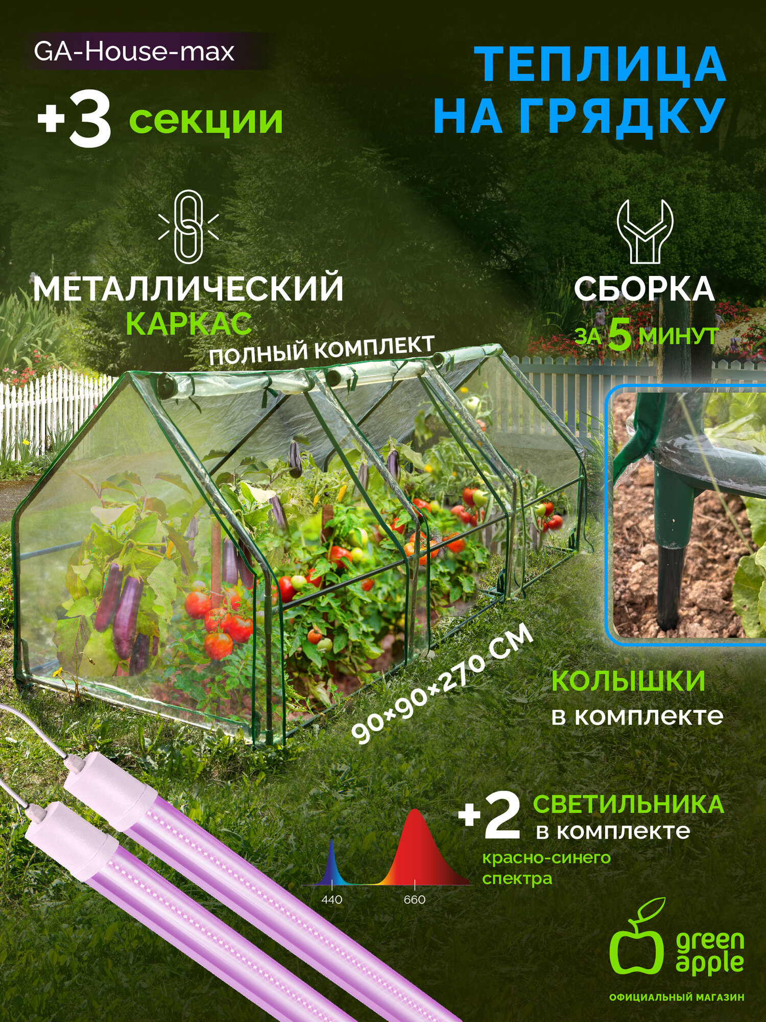 Теплица GREEN APPLE GA-House-max со светильниками в комплекте, 2700х900х900 мм, 3 отсека