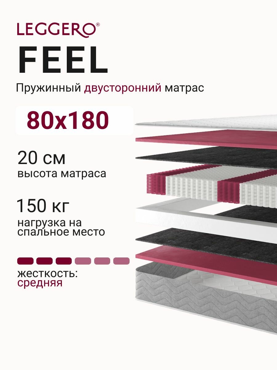 Матрас пружинный, 80х180, жесткий, ортопедический, независимые пружины, LEGGERO, Feel