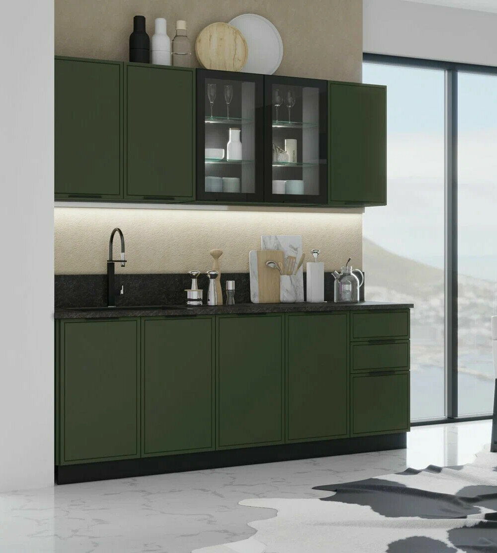 Кухня прямая 2 метра Николь 2,0 (490) Компановка №1 Холст темно-зеленый, графит/ Кастилло темный