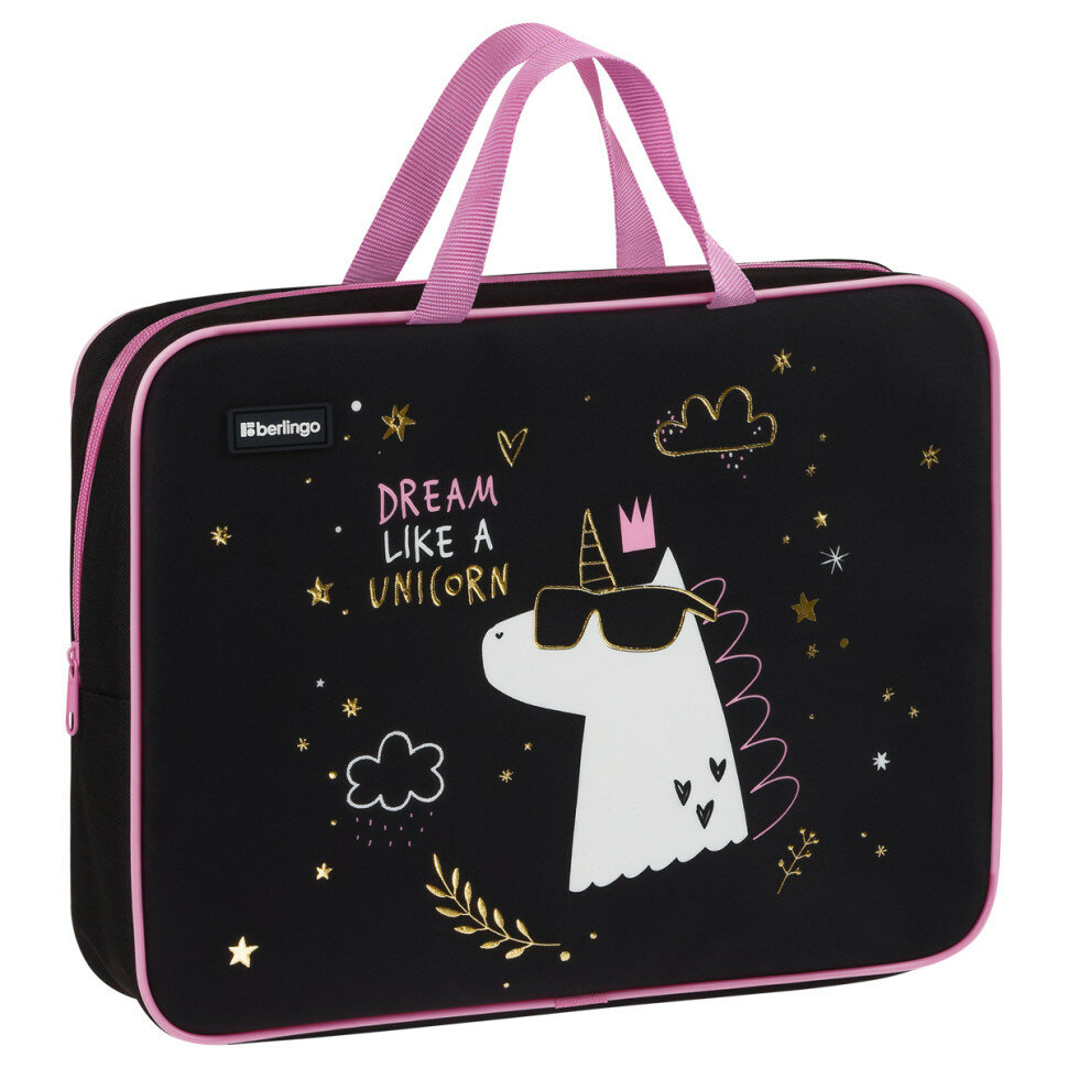 Папка текстильная с ручками 1 отделение, А4 Berlingo "Dream Like A Unicorn", 350*265*80мм, текстиль, на молнии, 379325