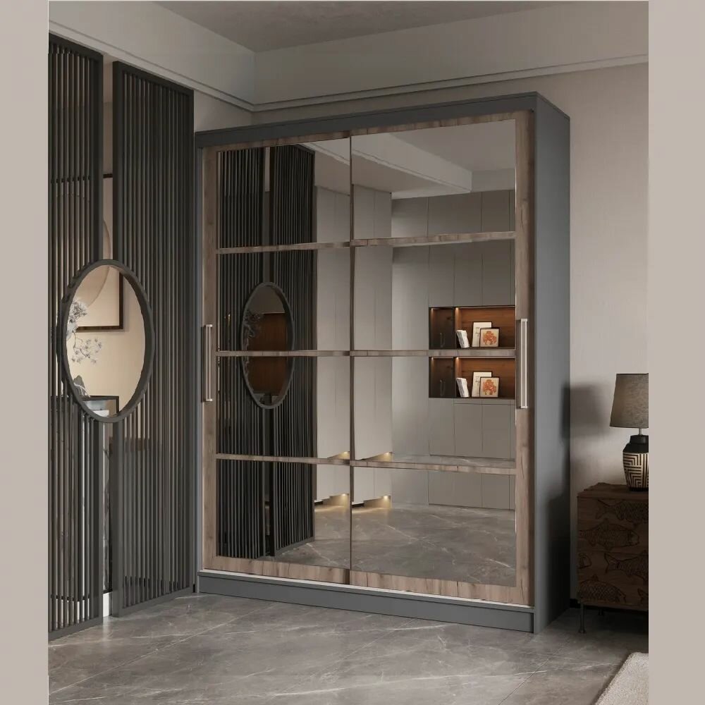 Шкаф-купе Гранд 1 1,6м Зеркало 2шт Графит/Дуб горный