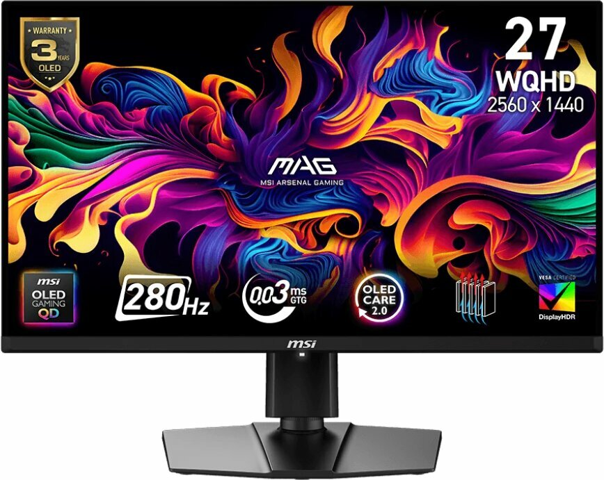 Монитор 26.5\ MSI MAG 271QP QD-OLED X28 QD-OLED 2560x1440, 280 Гц, 0.03 мс, 16:9, 1000 кд/м², HDMI 2.1, DP, USB-C (15 Вт), 3.5 Jack, USB Hub, Adaptive-Sync, черный