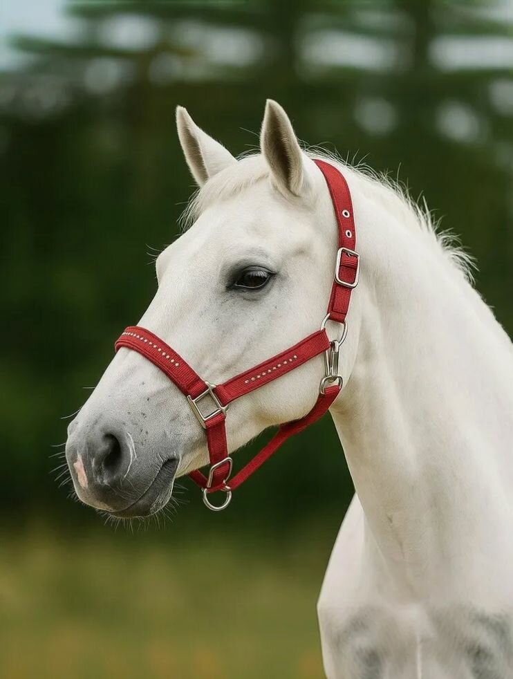 Недоуздок legnum, для лошадей, красный, с кристаллами, размер Full