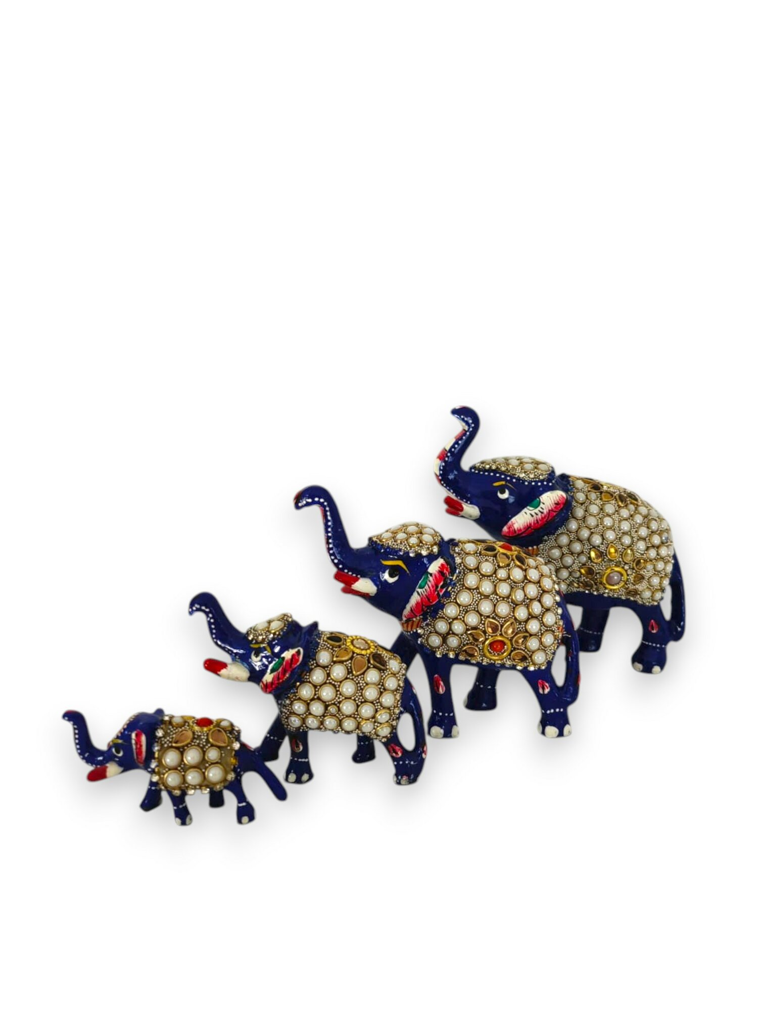 Набор четыре синих слоника с хоботами вверх (металл, роспись, 11, 9, 6 и 4 см.)