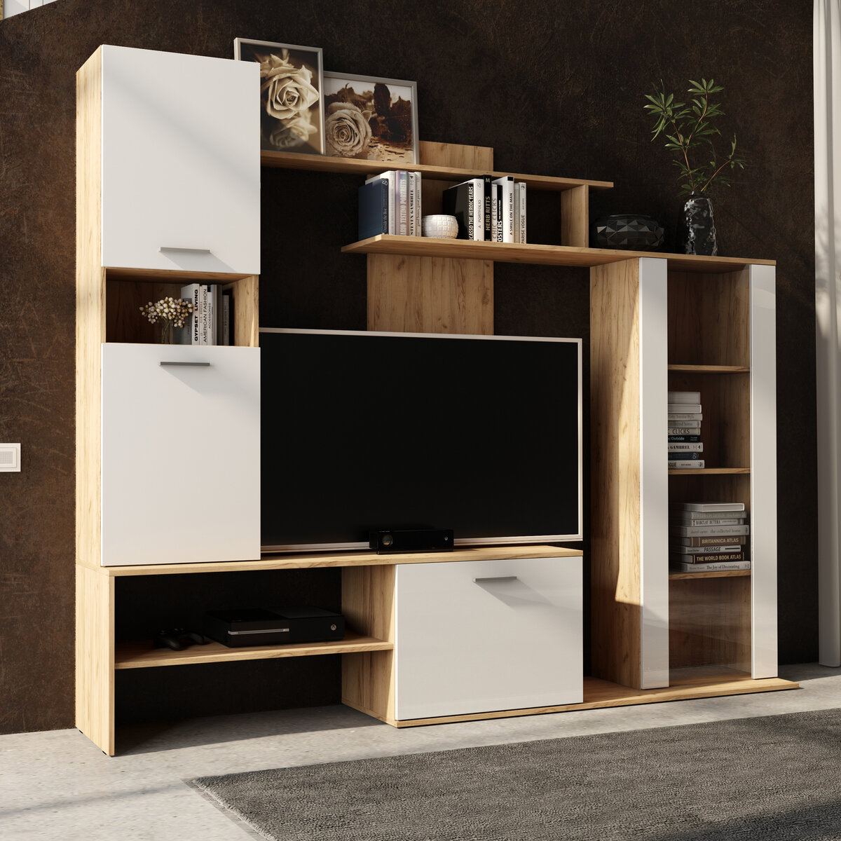 Гостиная стенка, гостиная Данко Дуб Вотан/Белый гладкий с тумбой под ТВ.