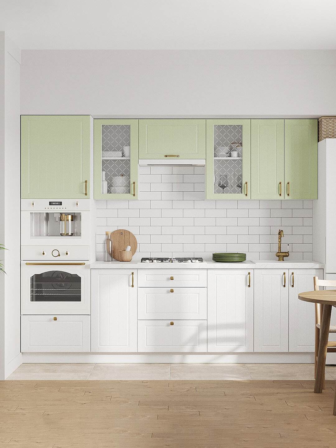 Кухонный гарнитур Флоренс 2.6 м, мебель для дома и кухни, Белый / Фисташковый структурный со стеклом / Белый текстурный