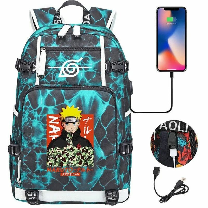Рюкзак школьный Аниме Uzumaki Naruto USB-зарядка сумка для путешествий и ноутбук