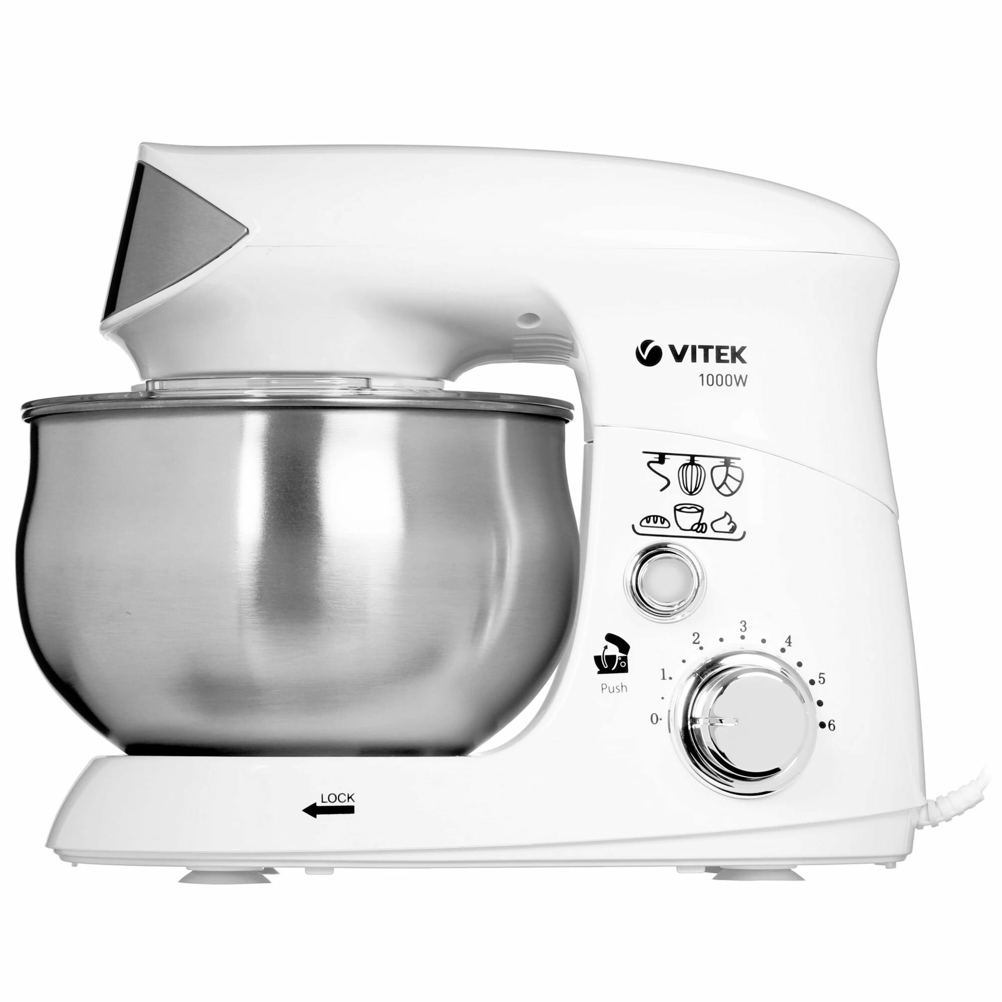 Миксер Vitek VT-1444, 6 скоростей, 1000 Ватт, планетарный, нержавеющая сталь, белый