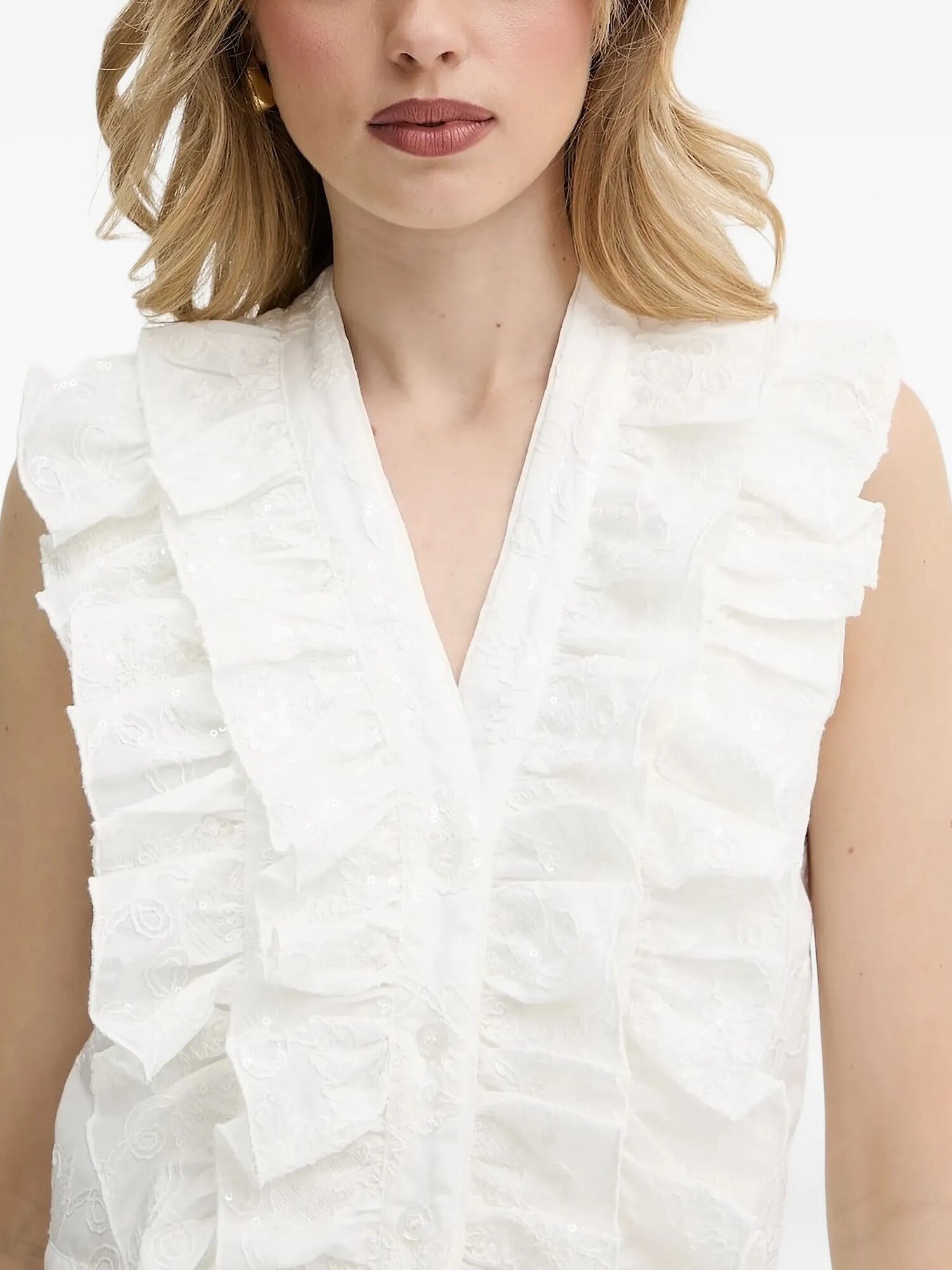 Топ LIU JO Sequin-embellished ruffled top, размер 38, бежевый/белый — фото 1