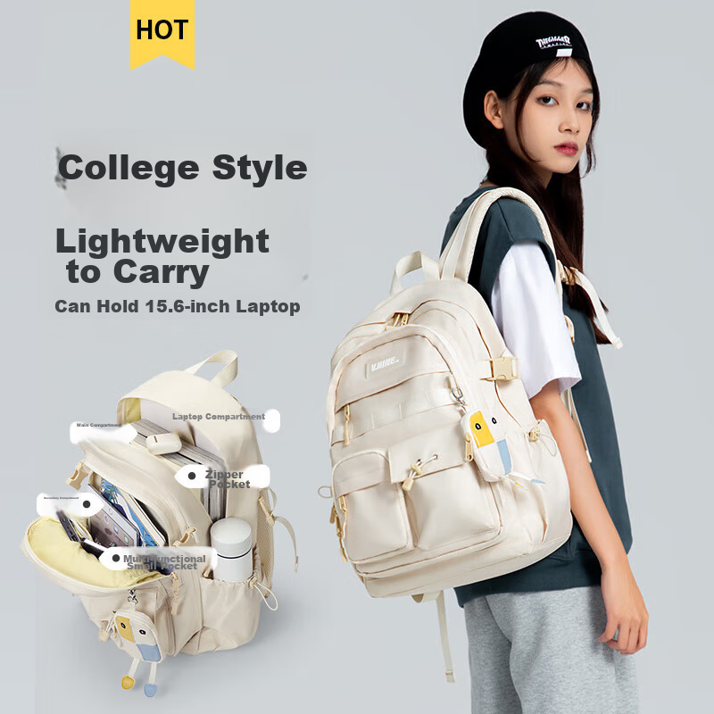 V.NINE Backpack for High School And Middle School Students, Large Capacity 15.6-Inch Laptop Bag for Girls, Ultra-Light Travel Backpack for College Students, Backpack for Boys, Khaki Color