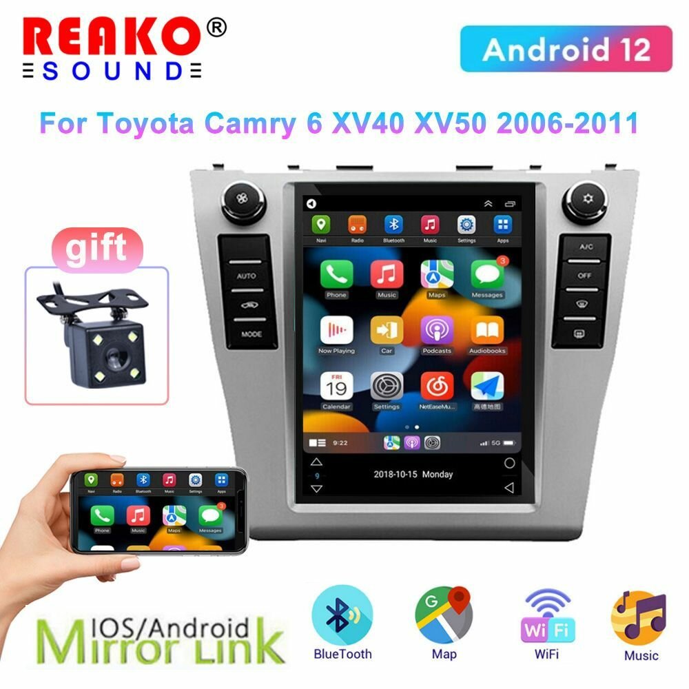 Штатная магнитола 2 дин Андроид 12 для Тойота Камри/Toyota Camry 6 XV 40 50 2006-2011 6+128G 4G-SIM AI voice DSP, WiFi Bluetooth Gps навигатор адаптация под Россию Мультимедиа автомабиля