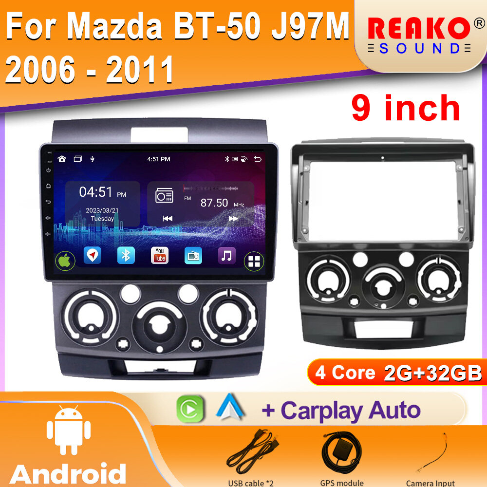 Магнитола для Mazda BT-50 J97M 2006 - 2011 , с камерой заднего вида. IPS экран 9 дюймов, Wifi 2din с сенсорным экраном, usb и блютузом.
