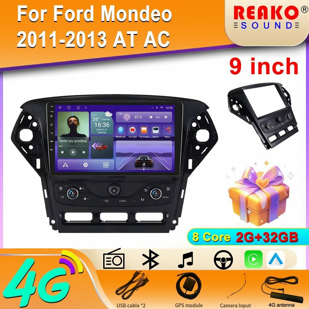 Магнитола для Ford Mondeo 2011-2013 AT AC , с камерой заднего вида. IPS экран 9 дюймов, Wifi 2din с сенсорным экраном, usb и блютузом.