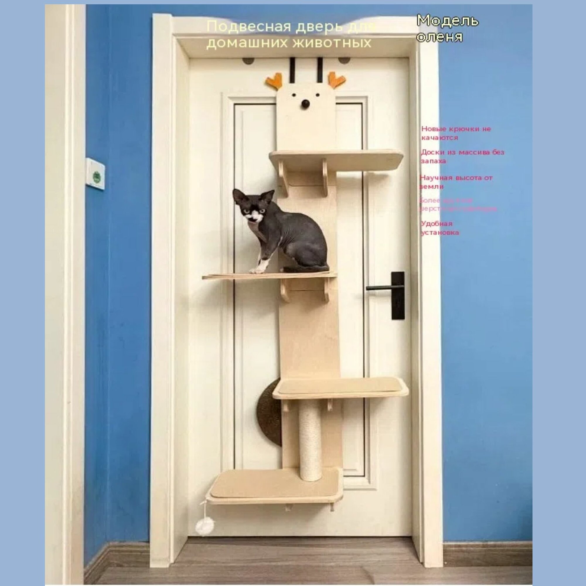 Кошачий домик с когтеточкой на дверь - Настенный комплекс из массива дерева 170см, усиленные крюки 60кг, полка с войлоком E0