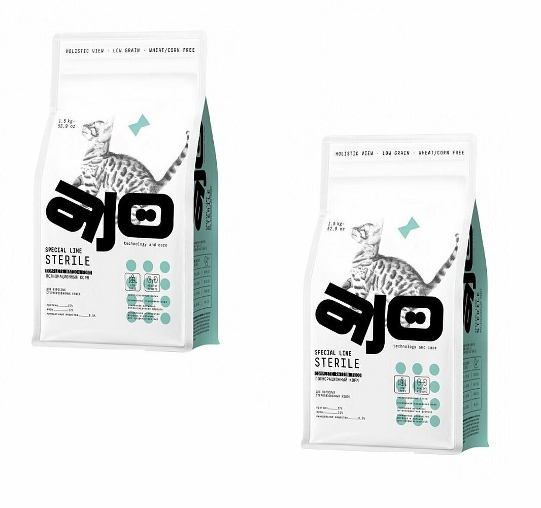 Сухой полнорационный корм AJO Cat Sterile для активных стерилизованных кошек с высоким содержанием белка 1.5кг 2 шт