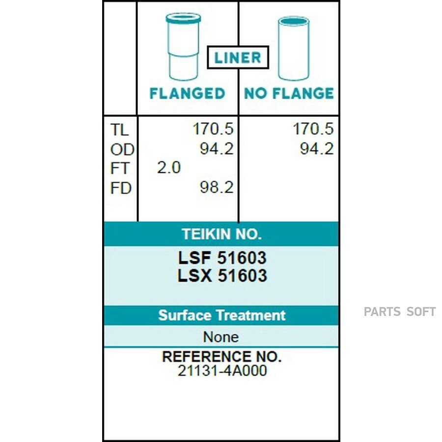 Гильза с буртом Hyundai D4CB CRDi d91.0 STD (21131-4A000) Teikin LSF51603 от официального дистрибьютора, TEIKIN, артикул LSF51603