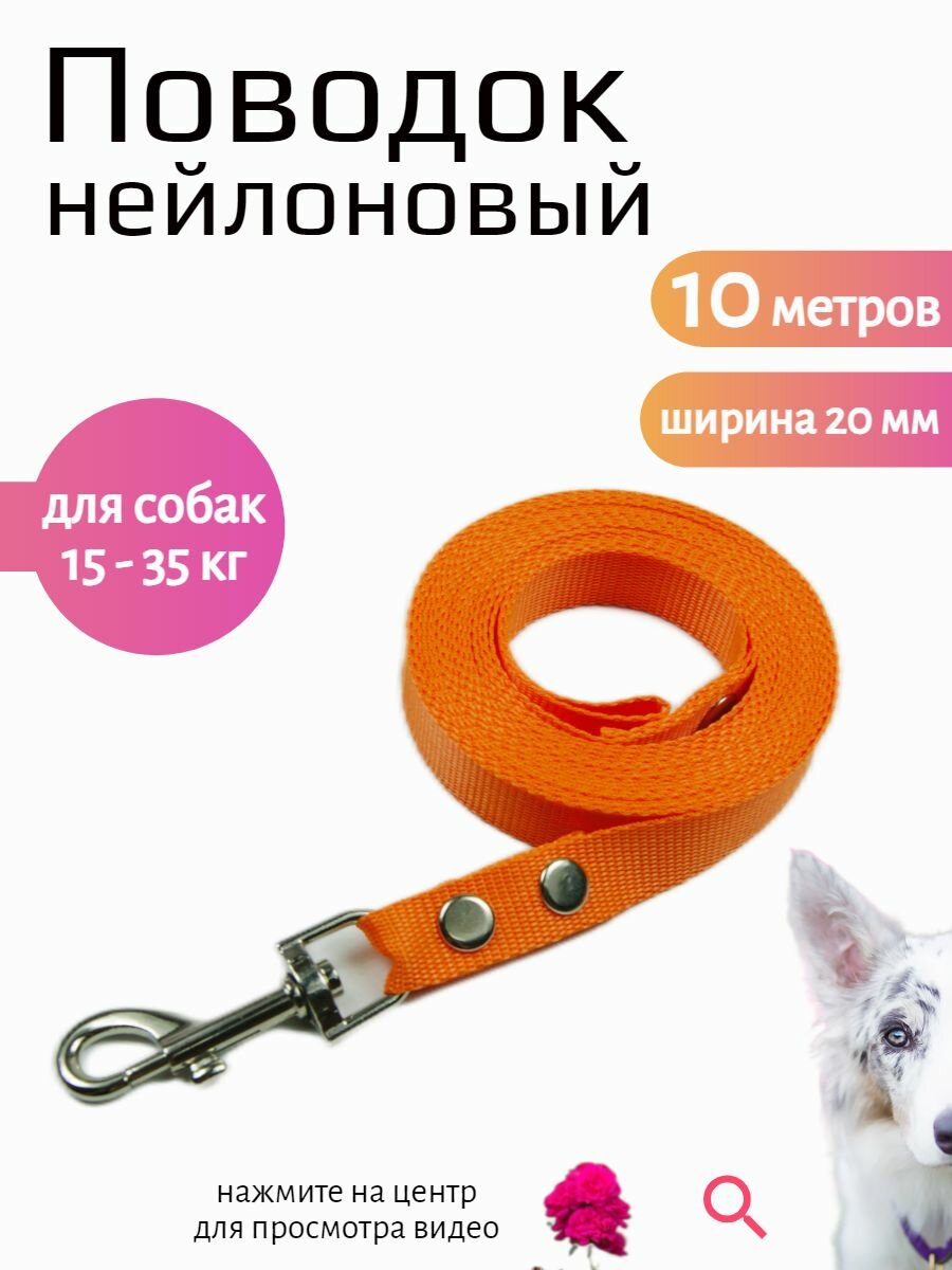 Поводок Хвостатыч для собак с карабином нейлон 10 м х 20 мм (оранжевый)