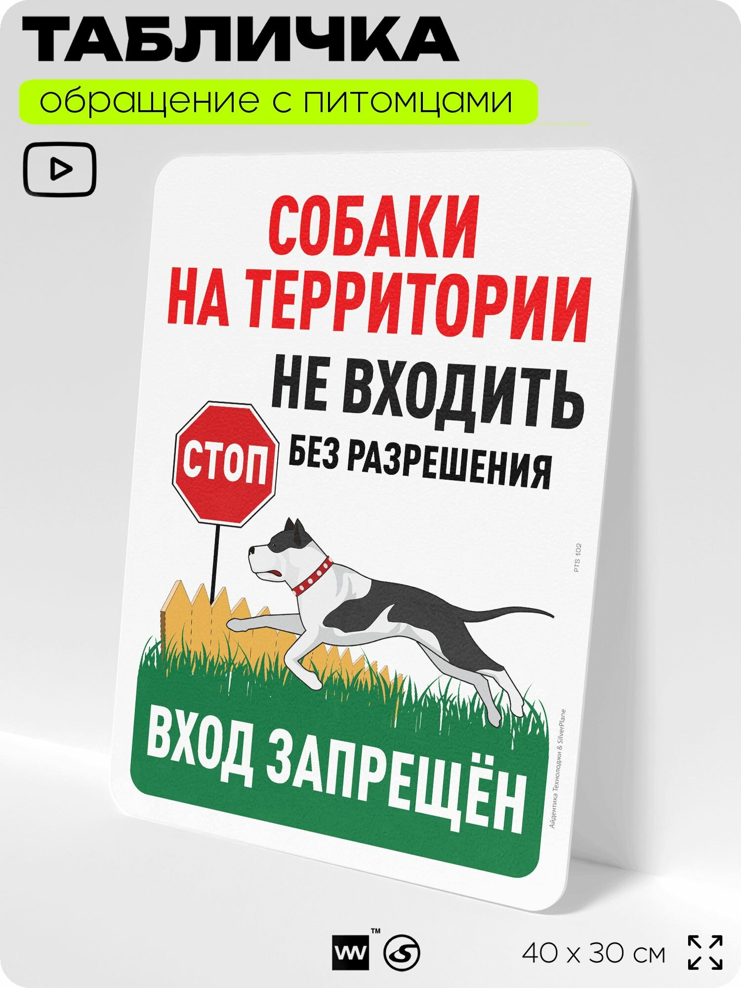 Табличка "Собаки на территории, не входить без разрешения" на дверь и забор, для двора, дома, подъезда, 40х30 см, Silver Plane x Айдентика Технолоджи