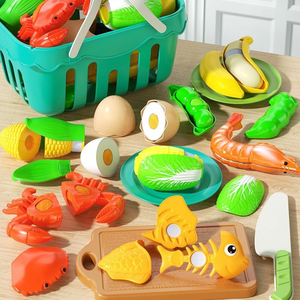 Фрукты и овощи на липучке, игрушечные продукты с кухонными принадлежностями для нарезки еды и корзинкой, детские / Набор игровой