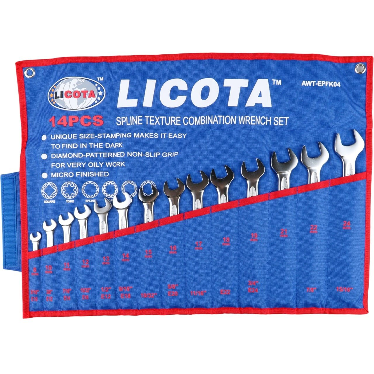 Licota AWT-EPFK04 Набор ключей комбинированных текстурных 14пр. 8-24 мм Spline