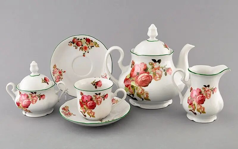 Чайный сервиз Leander красная роза на 6 персон, фарфор, зелёный, красный, коллекция Роза