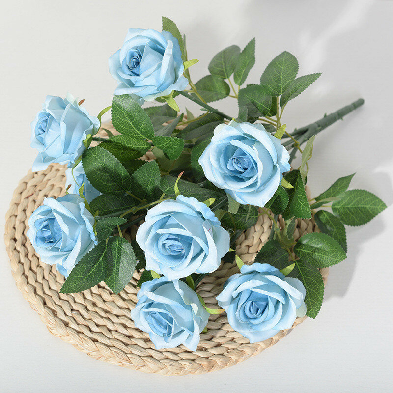 Decorative artificial rose bouquet ninehead silk flowers for wedding photography and home styling, blue