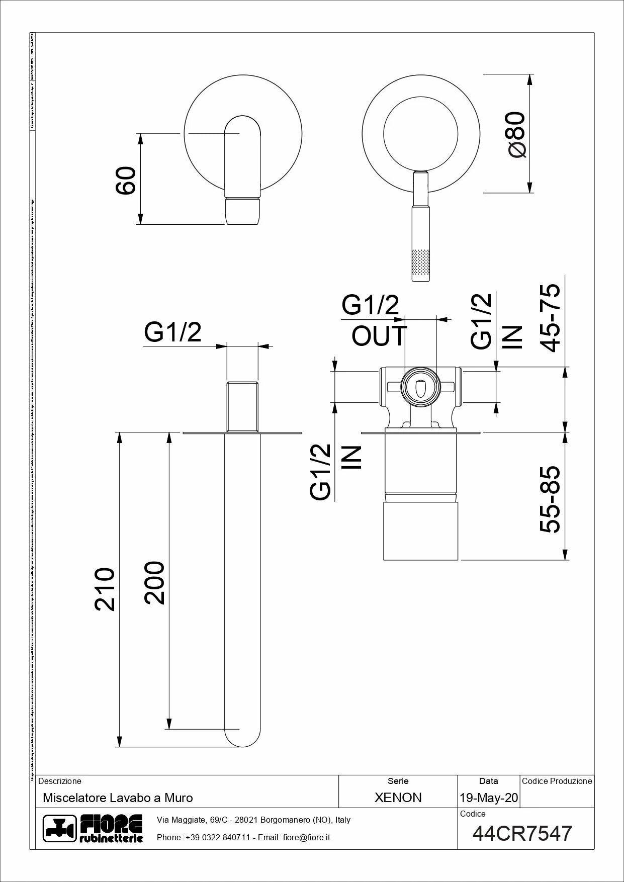 Fiore Xenon, встраиваемый в стену смеситель для раковины с круглым основанием, цвет золото