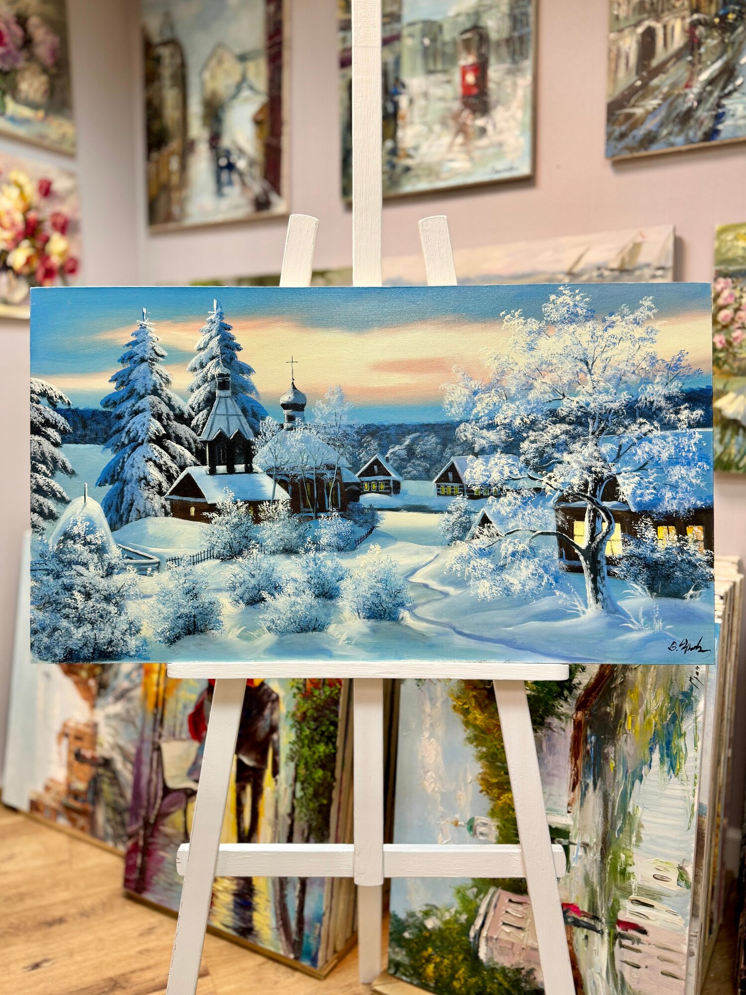 Картина маслом Зимний пейзаж храм домики сугробы 90x50 см. Художественная мастерская Грёзы.