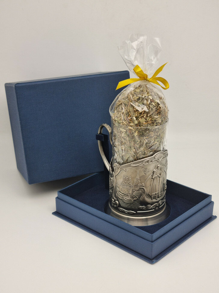 Подстаканник "Петр и Феврония" стакан хрусталь с Краснополянским чаем в футляре