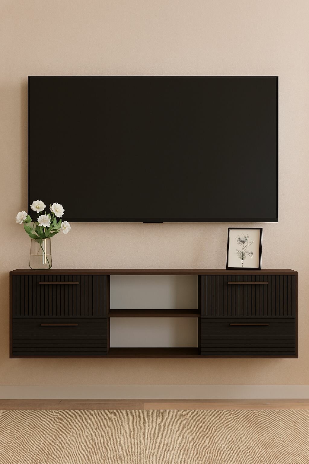 Тумба под телевизор Копенгаген с полками подвесная ЛДСП Венге/ МДФ Черный матовый 150х40x50