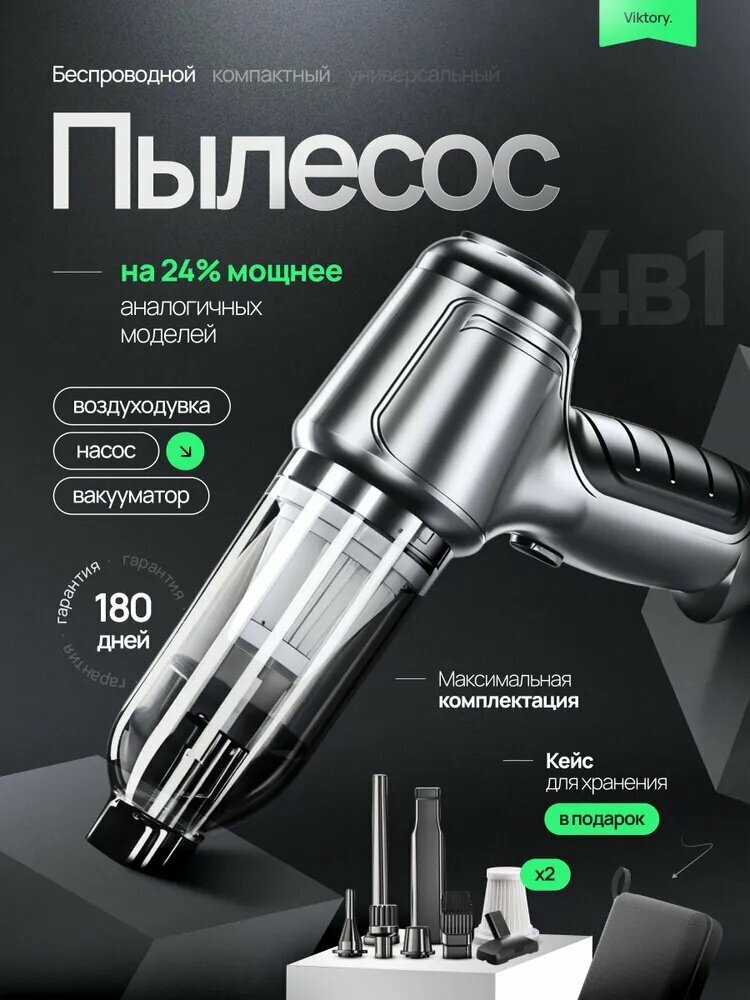 Пылесос портативный для автомобиля мощный 4в1/ воздуходувка аккумуляторная для компьютера/ ручной мини пылесос для дома и авто