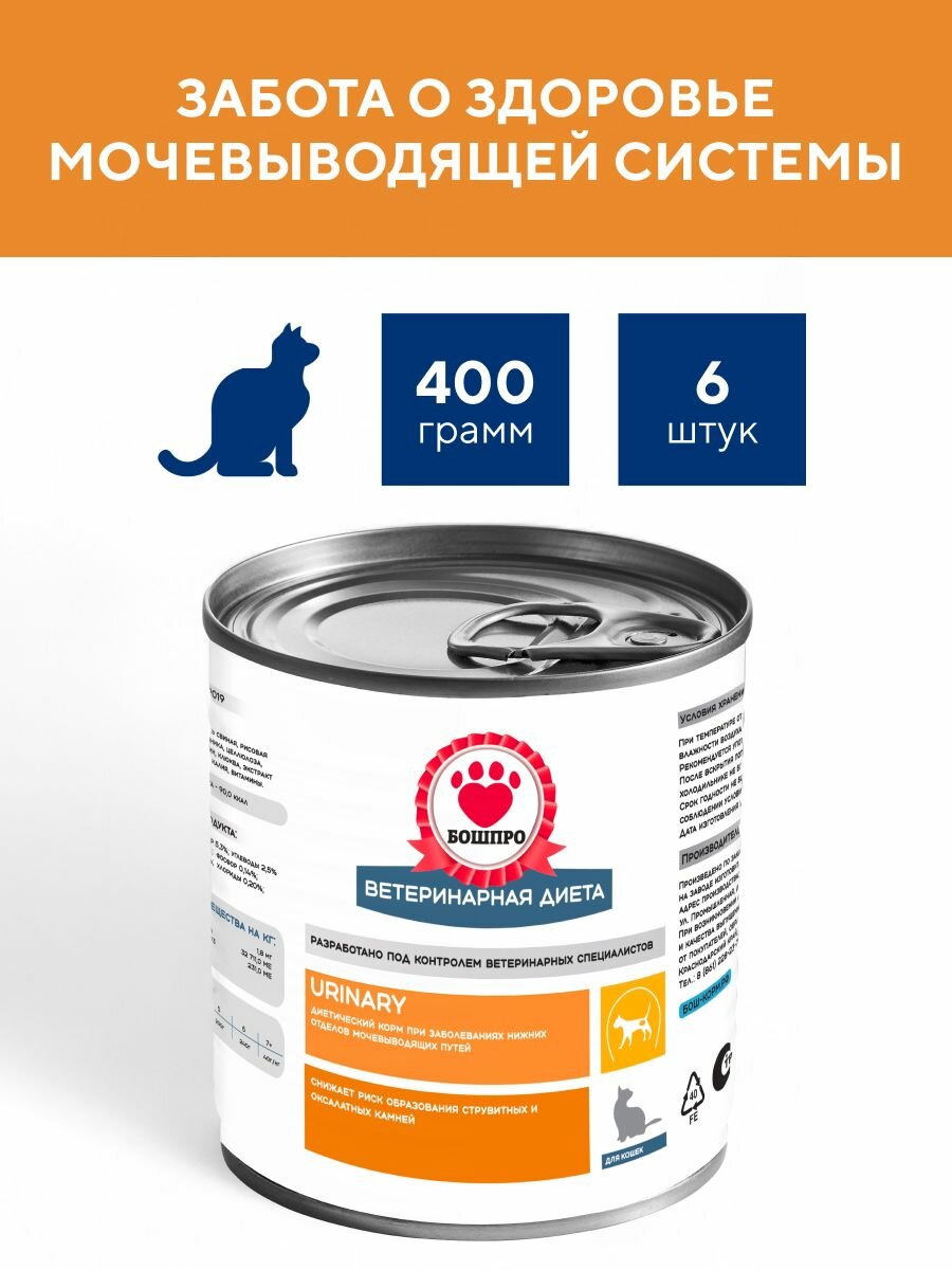 Диетический корм для кошек бошпро URINARY при заболеваниях нижних отделов мочевыводящих путей, 400 г, 6 шт.