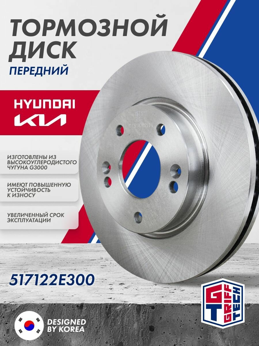 Тормозной диск передний GRIFF TECH на Hyundai Sonata 6 /KIA Ceed 2007-12 / Soul 2009-12 / Sportage 2 2005-2008 / 12 517122E300