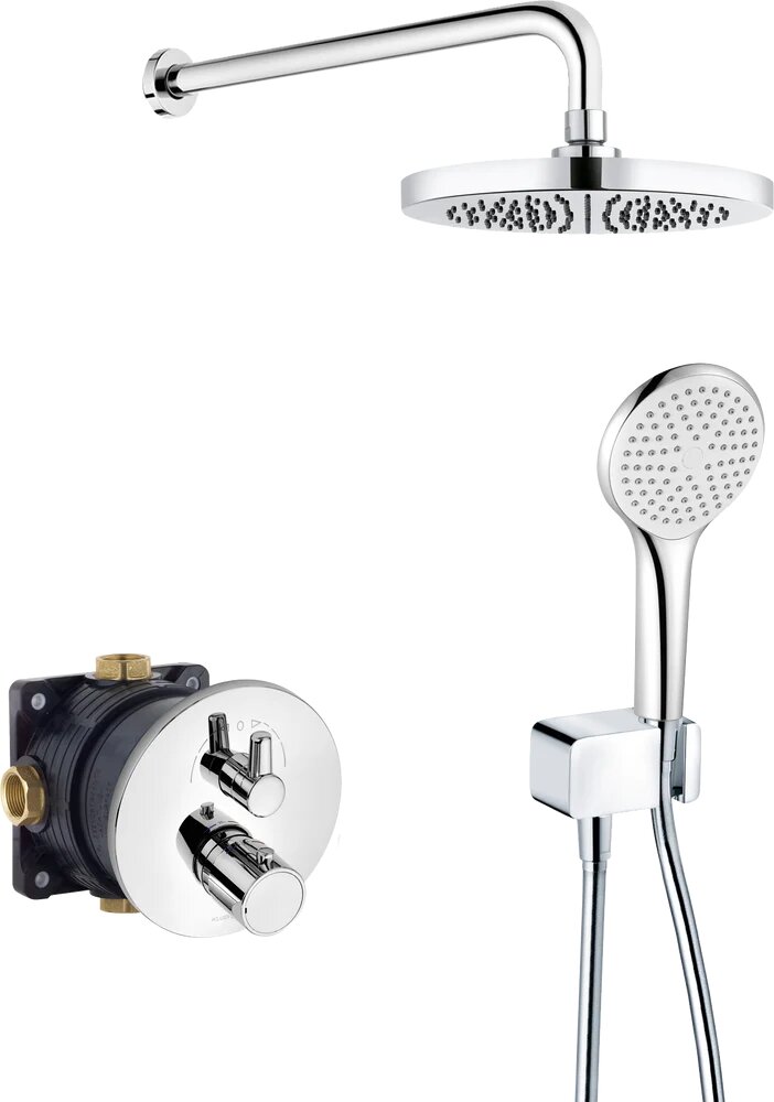 Душевой комплект Kludi Zenta 388320545 3 в 1, встраиваемый, с внутренней частью в комплекте, с термостатом, со смесителем, с тропическим душем, латунный, хром, глянцевый, душевая система