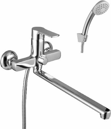 Смеситель с длинным изливом для ванны Lemark plus Grace LM1551C с душевым гарнитуром, поворотный, латунный, хром, глянцевый, смеситель для ванны с душем, рычажный, с настенным держателем