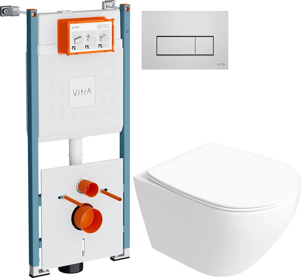 Комплект 6 в 1: Инсталляция VitrA V-Fix Core 732-5800-01PV / Унитаз подвесной Кронборг S28401WH безободковый / Сиденье с микролифтом, Кнопка Root Square хром, Комплект шумоизоляции, креплений