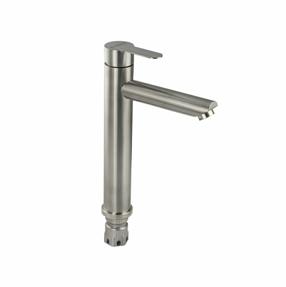 Магнус - Смеситель на раковину высокий, матовый литой корпус, прямой излив, из нержавеющей стали марки 304, цвет сатин.